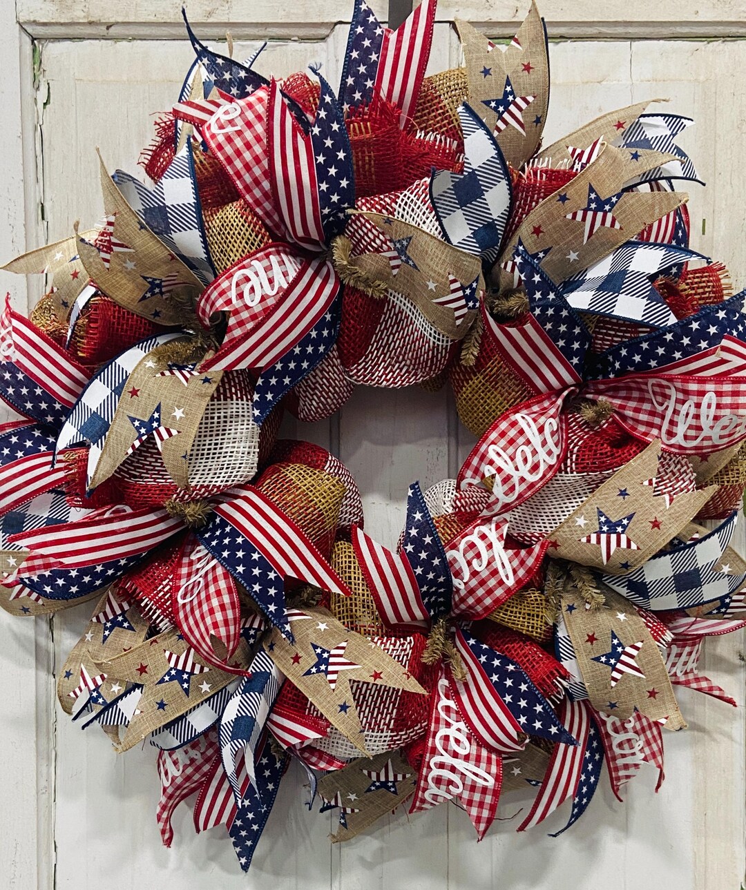 24" Round Patriotic Mesh Front Door Wreath With Welcome Sign Insert ...