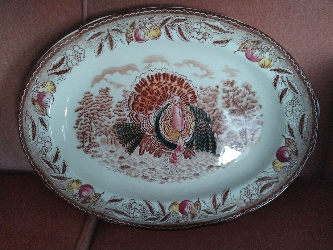 XL Vintage Turkey Platter Oval 18 1/4 X 14 X 2 Inch Brown Pink Green ...