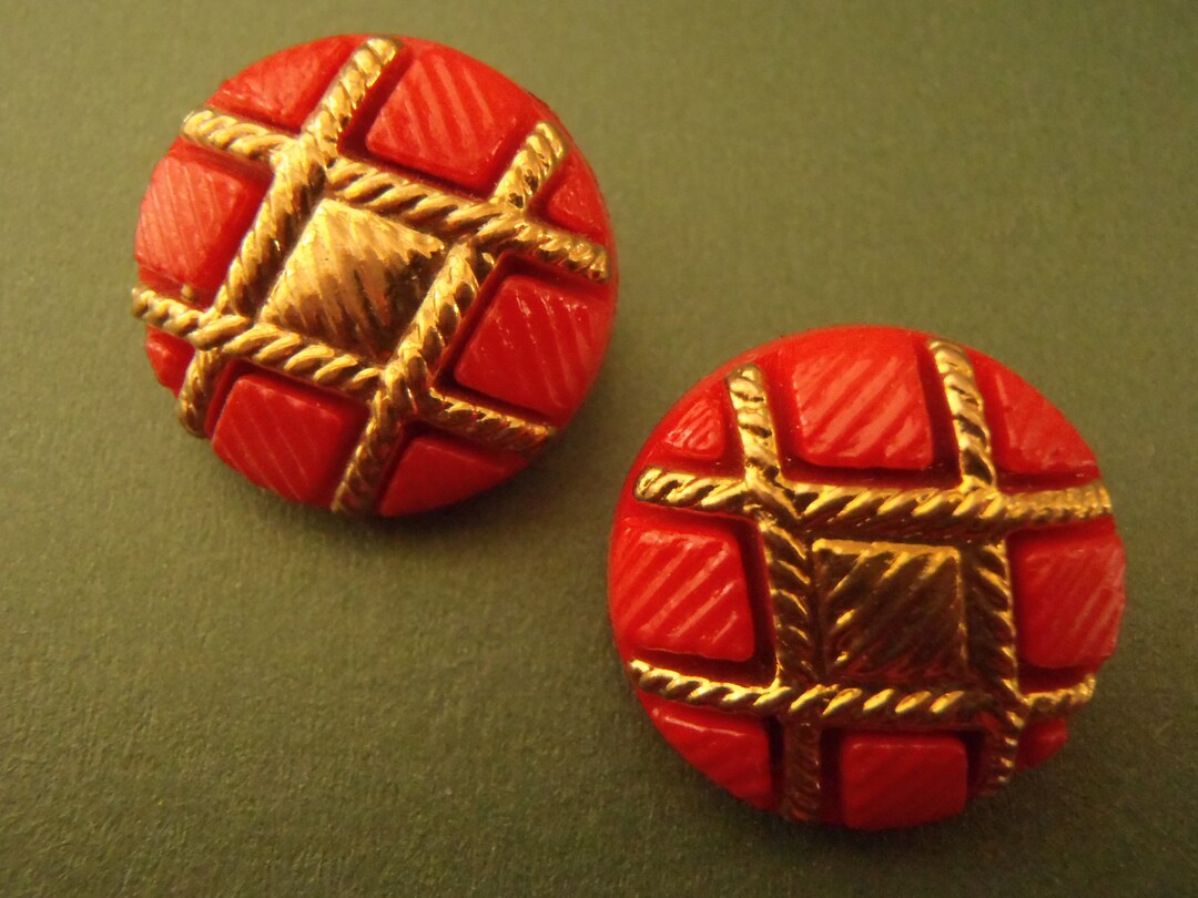 2 Vintage Red and Gold Buttons slightly domed plastic shanked approx 3/ ...