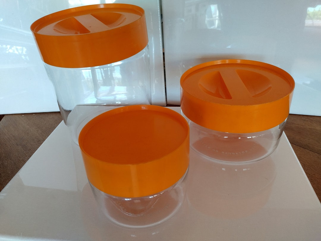 Set of 3 Retro Pyrex Glass Canisters With Period Orange Tops Incl 1x7 1 ...