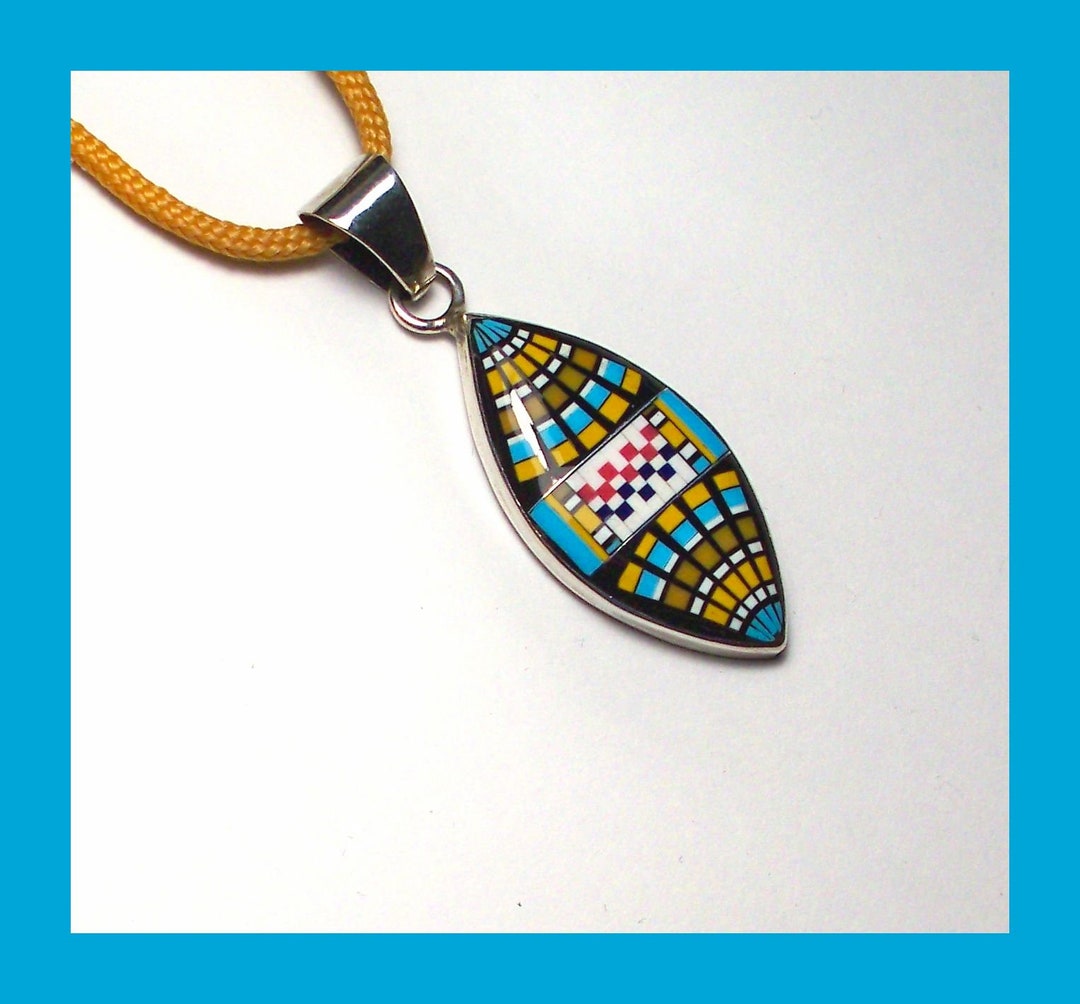 MICRO INLAY PENDANT Native Multi Colored Mosaic Navette Shape New Old ...