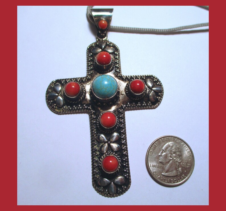TURQUOISE & CORAL CROSS Large Size Pendant Sterling Silver - Etsy