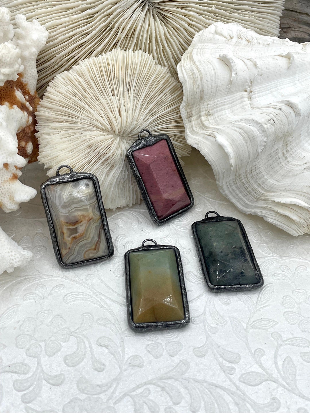 Soldered Natural Stone Pendants, Rectangle Stone Pendants With Gunmetal ...