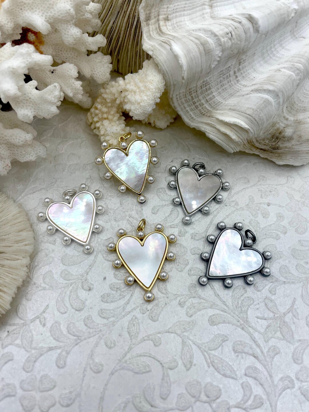 Mother of Pearl Heart Charms With Pearls, 35mm X 33mm, 5 Finishes ...