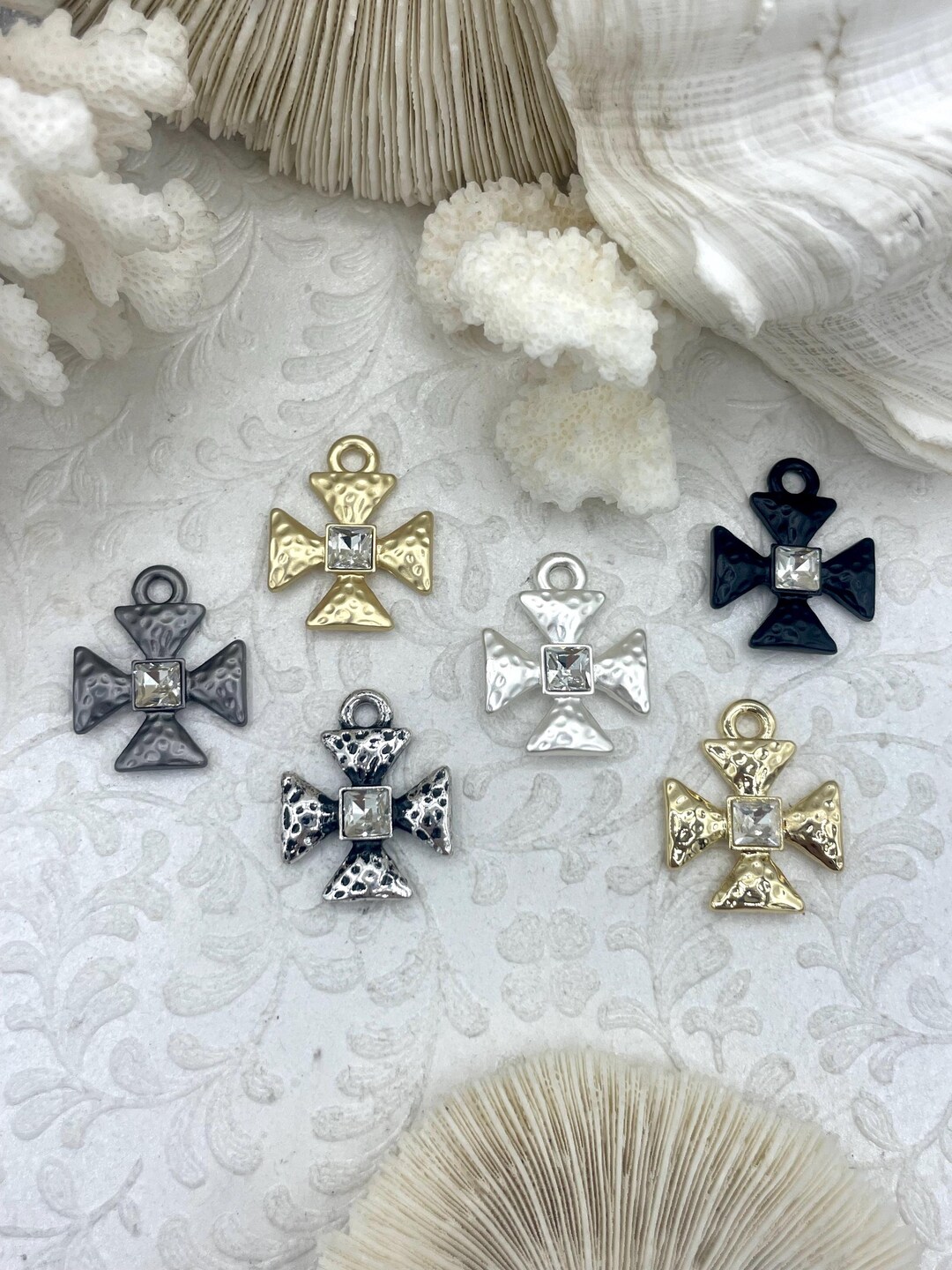 Cross Pendants, Hammered Cross Charms With Clear Center CZ, Religious ...