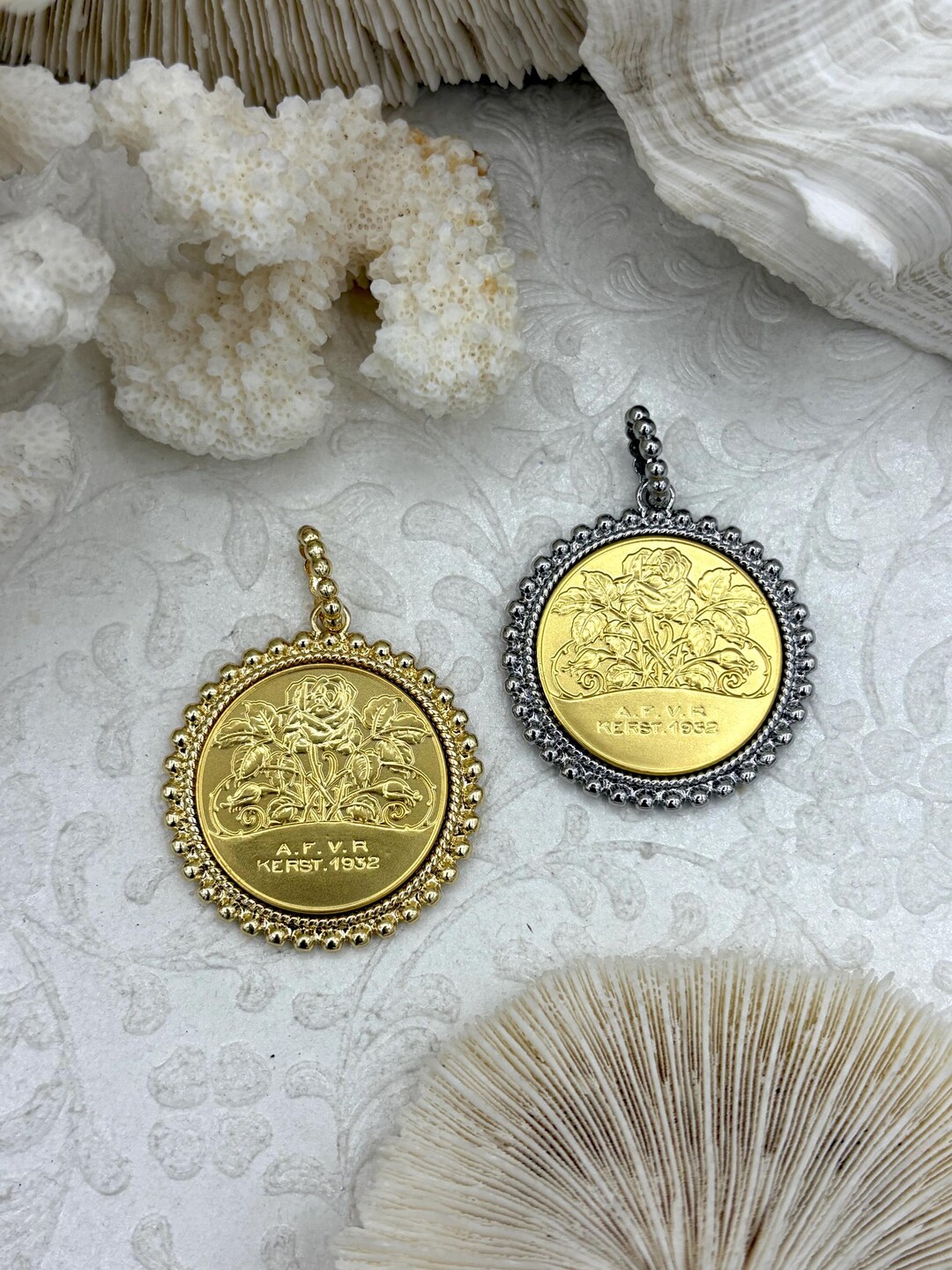 Gold Rose Coin Pendant, Roses Coins With Textured Bezel, Rose Pendant ...