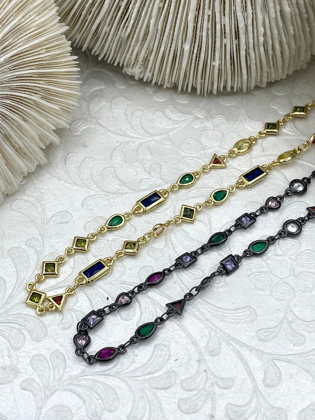 Colorful Cubic Zirconia Chains, Gold or Gunmetal Plated Brass Chain ...