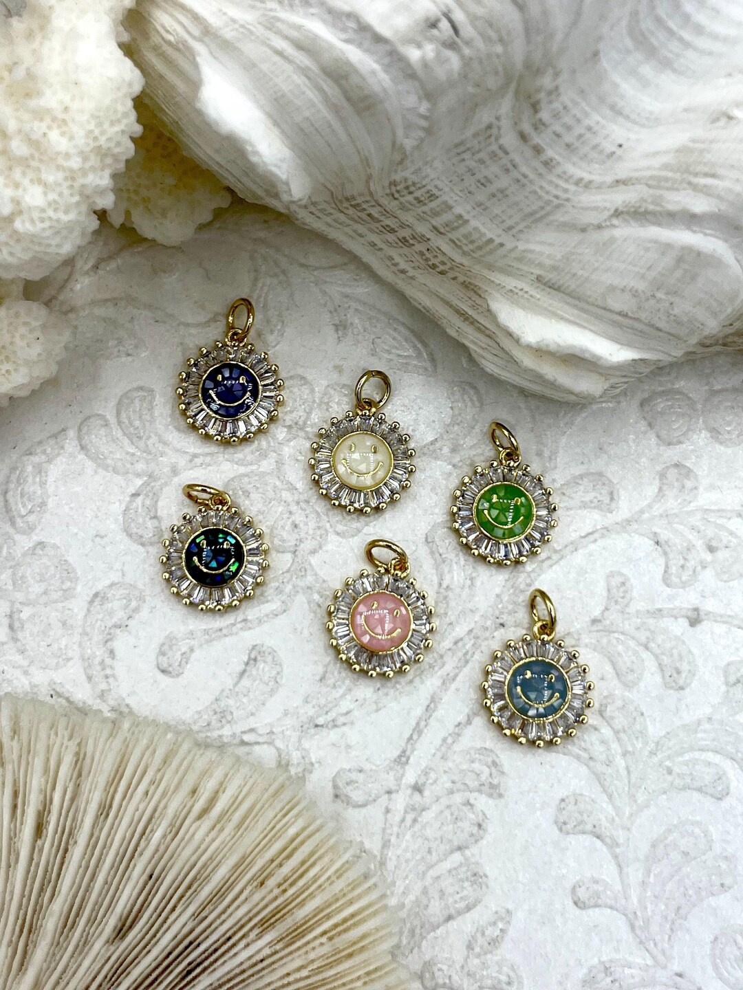 Dyed Mother of Pearl and Gold Smiley Face Charms With CZ, Gold Smiley ...