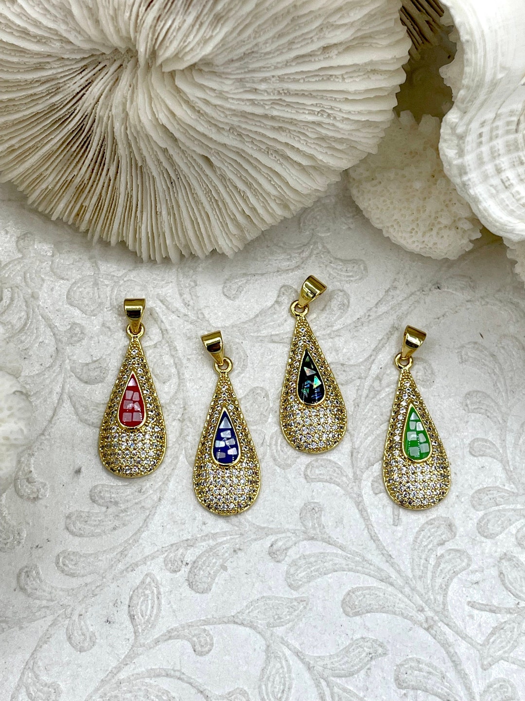 Colorful Enamel and Gold Teardrop Pendants With CZ, Gold Teardrop Charm ...