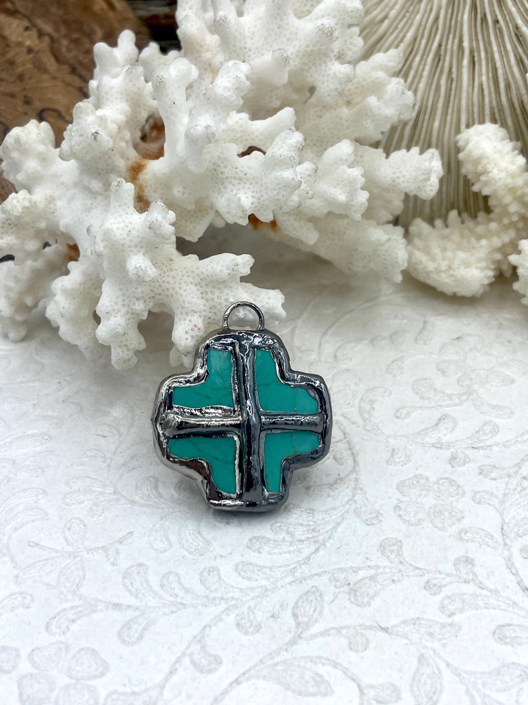 Soldered Natural Stone Pendants, Cross Shaped Turquoise Howlite Stone ...