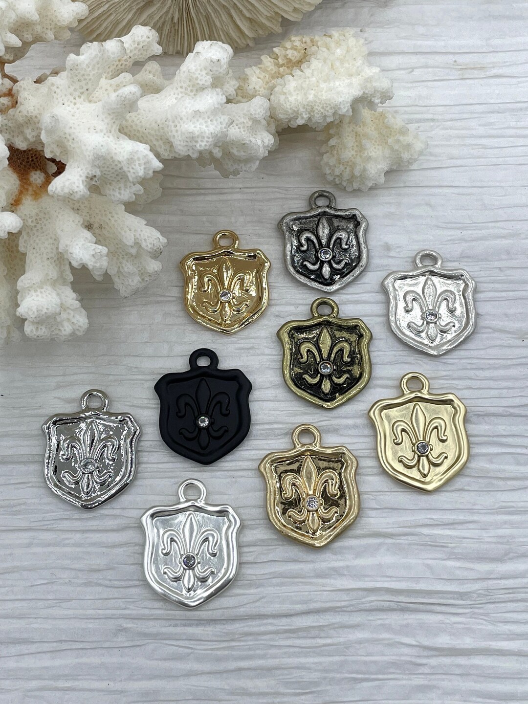 Fleur De Lis Shield Charms With CZ, Fleur De Lis Charm, 2 Finishes ...