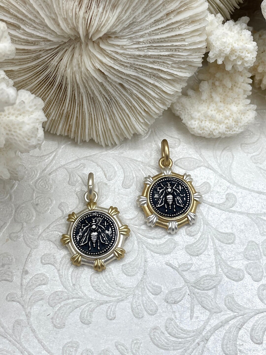 French Bee Replica Coin, Burnished Silver Bee Coin, Two Tone Bezel ...