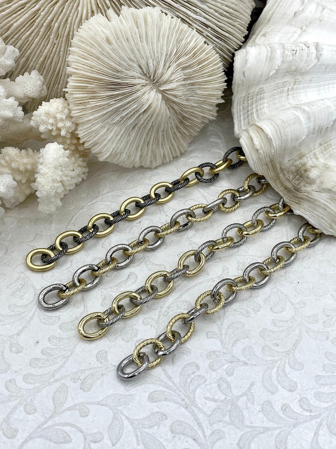 Mixed Link Mixed Metal Textured Cable Chain, Sold by the Foot. 13mm X ...