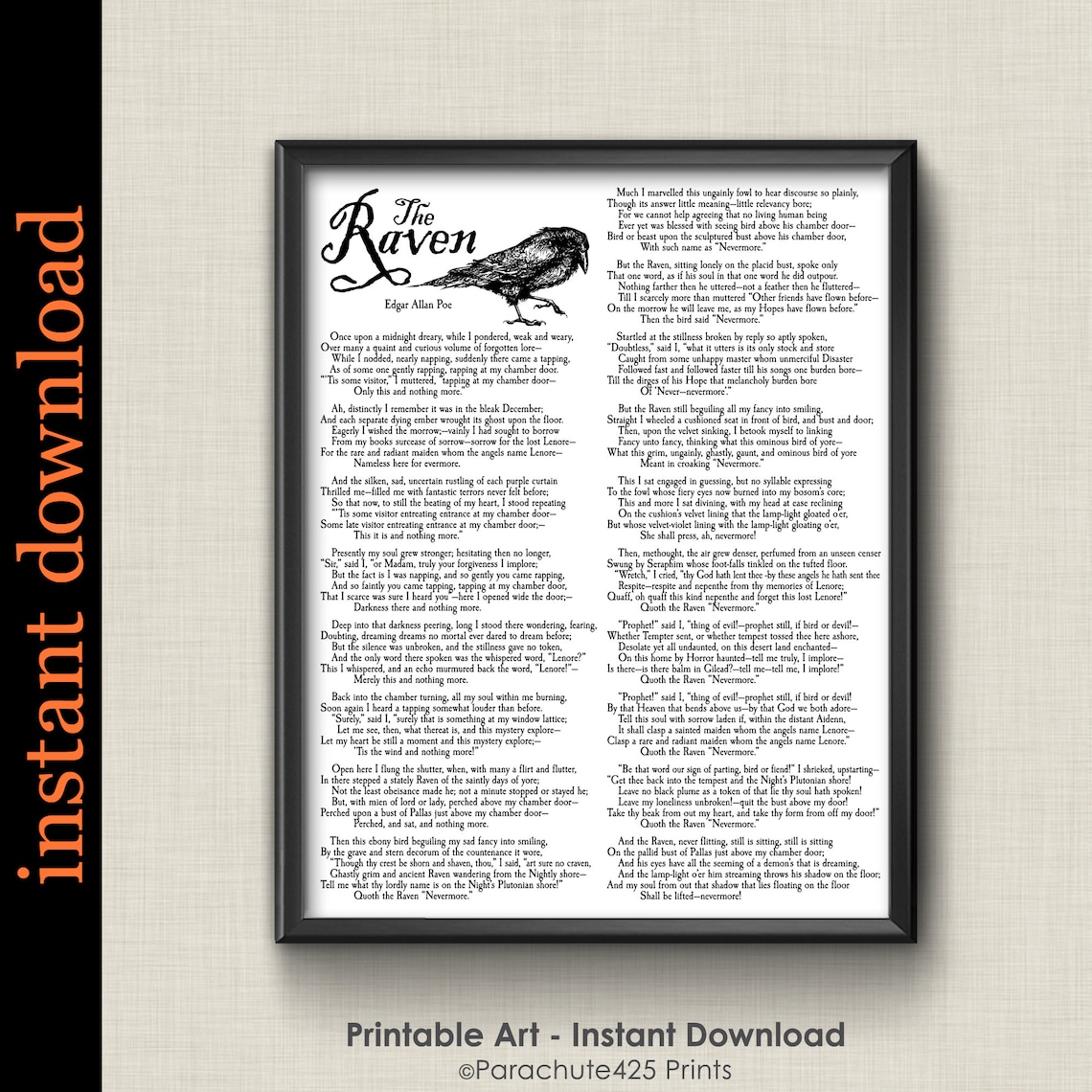 The Raven Complete Poem Printable Edgar Allan Poe Halloween - Etsy