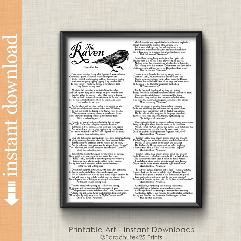 The Raven Poem Print, Edgar Allan Poe, Goth Halloween Decor (digital ...