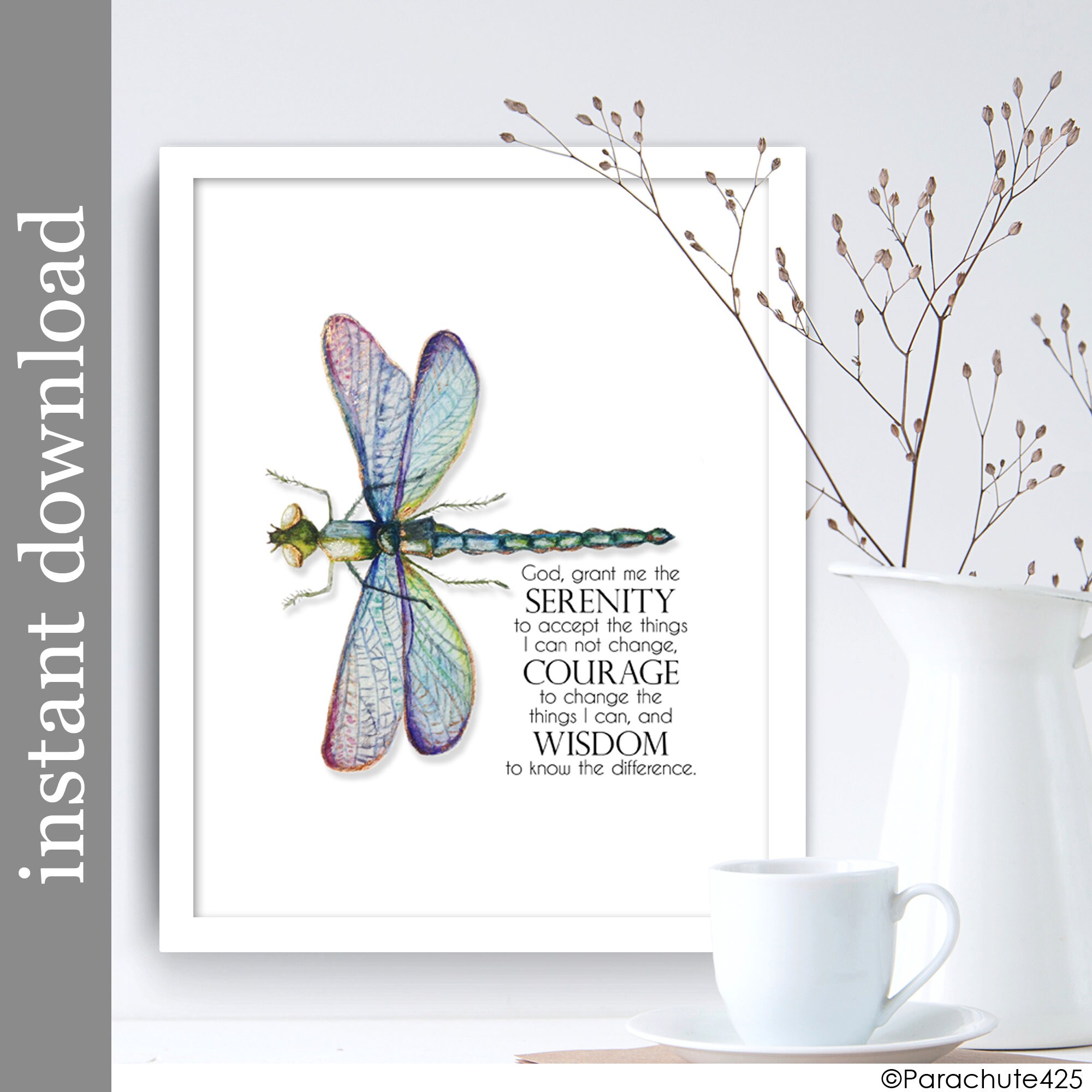 Serenity Prayer Printable Wall Art Dragonfly Art | Etsy