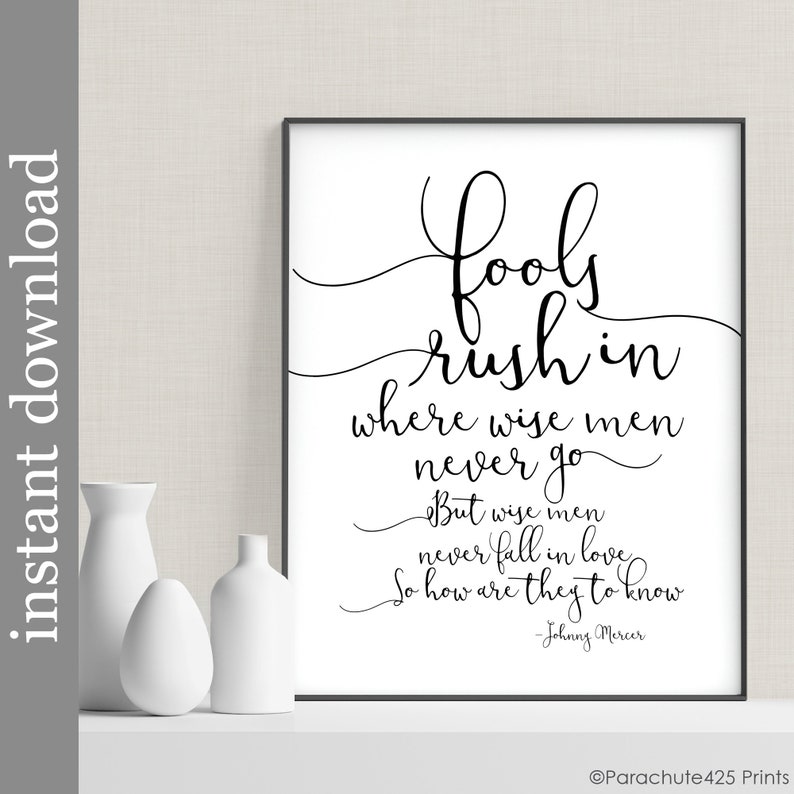 Fools Rush in Printable Wall Art, Romantic Lyrics for Valentine Gift or ...