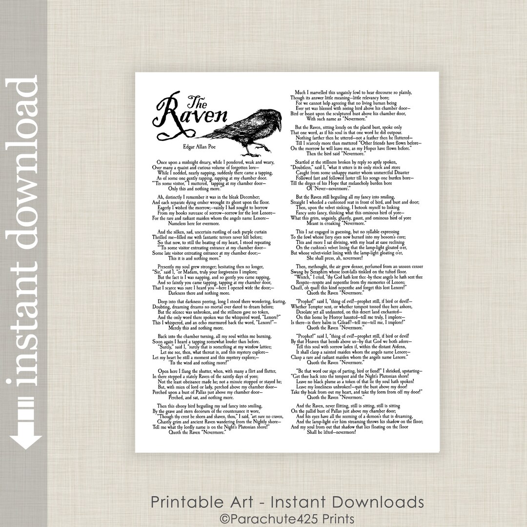 The Raven Complete Poem Printable Edgar Allan Poe Halloween - Etsy