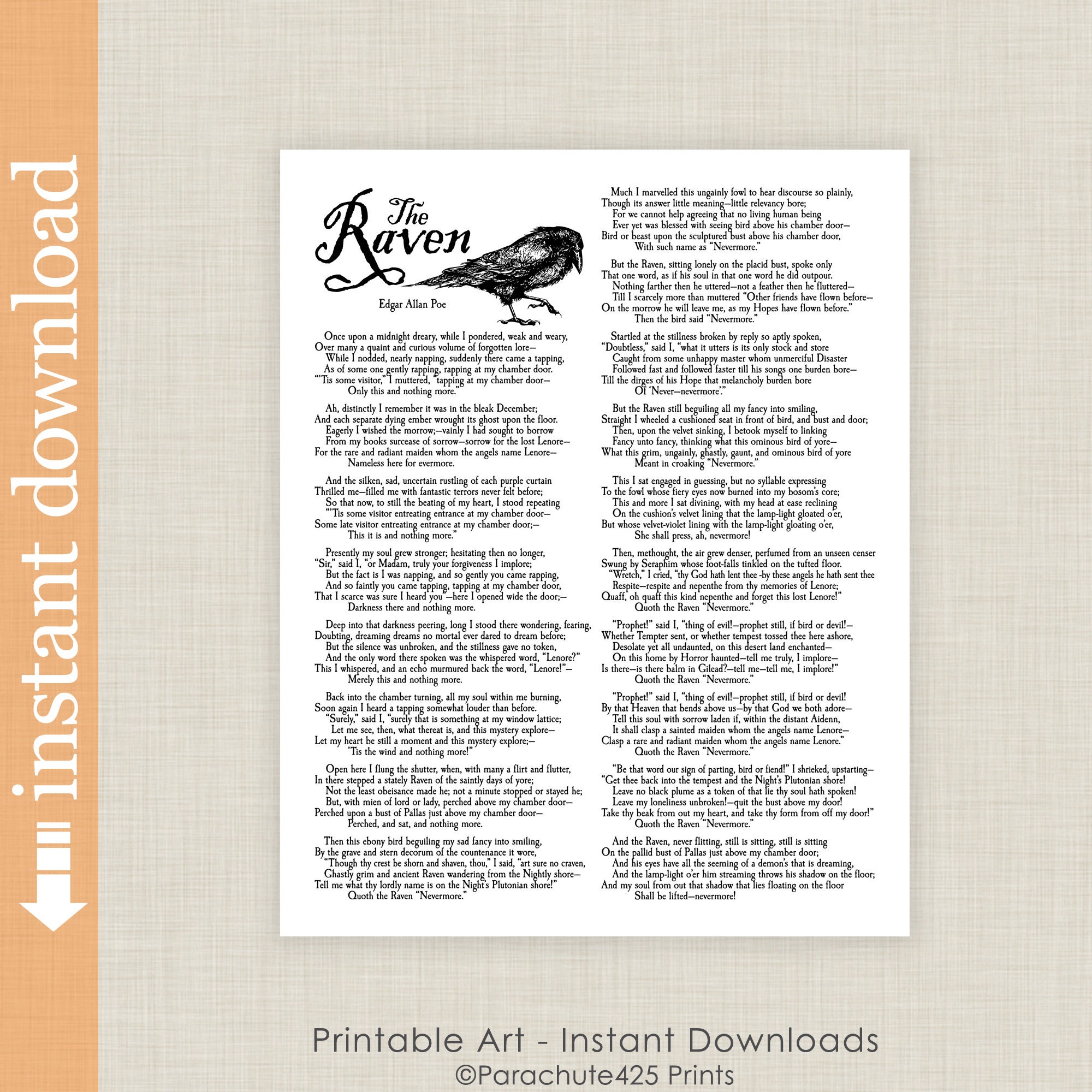 The Raven Complete Poem Printable Edgar Allan Poe Halloween - Etsy ...