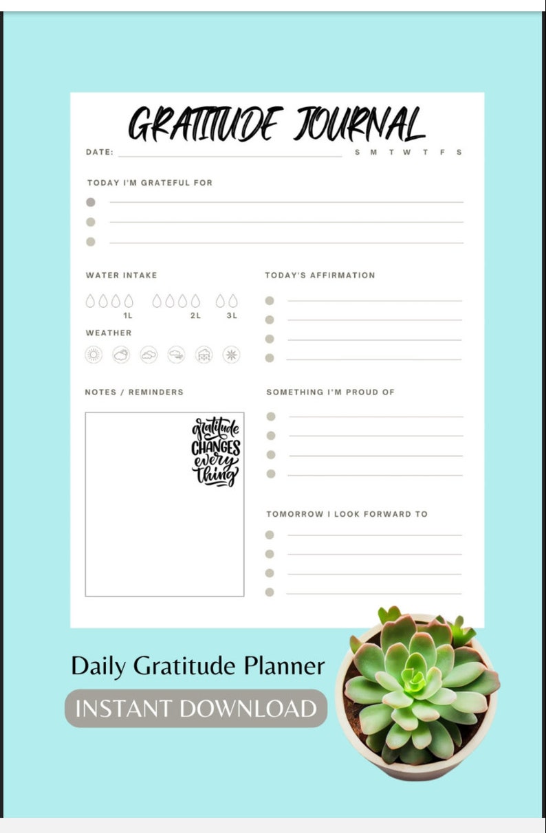Daily Gratitude Journal Printable, Instant Download, Work, Planner ...