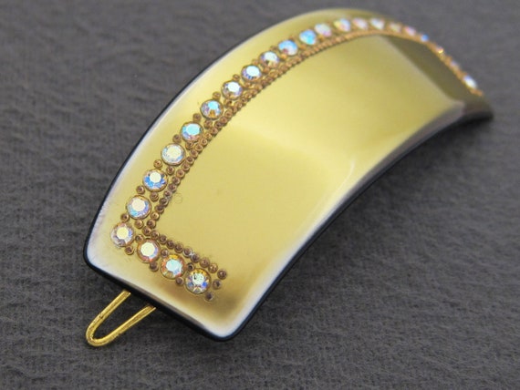 1970's vintage barrette hair clip, 3" gold acrylic pl… - Gem