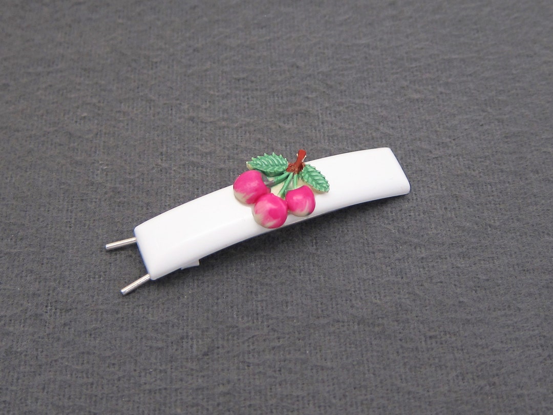 TIP-TOP 1950's Vintage Hair Clip, 2" White Plastic Barrette W/ CHERRY ...