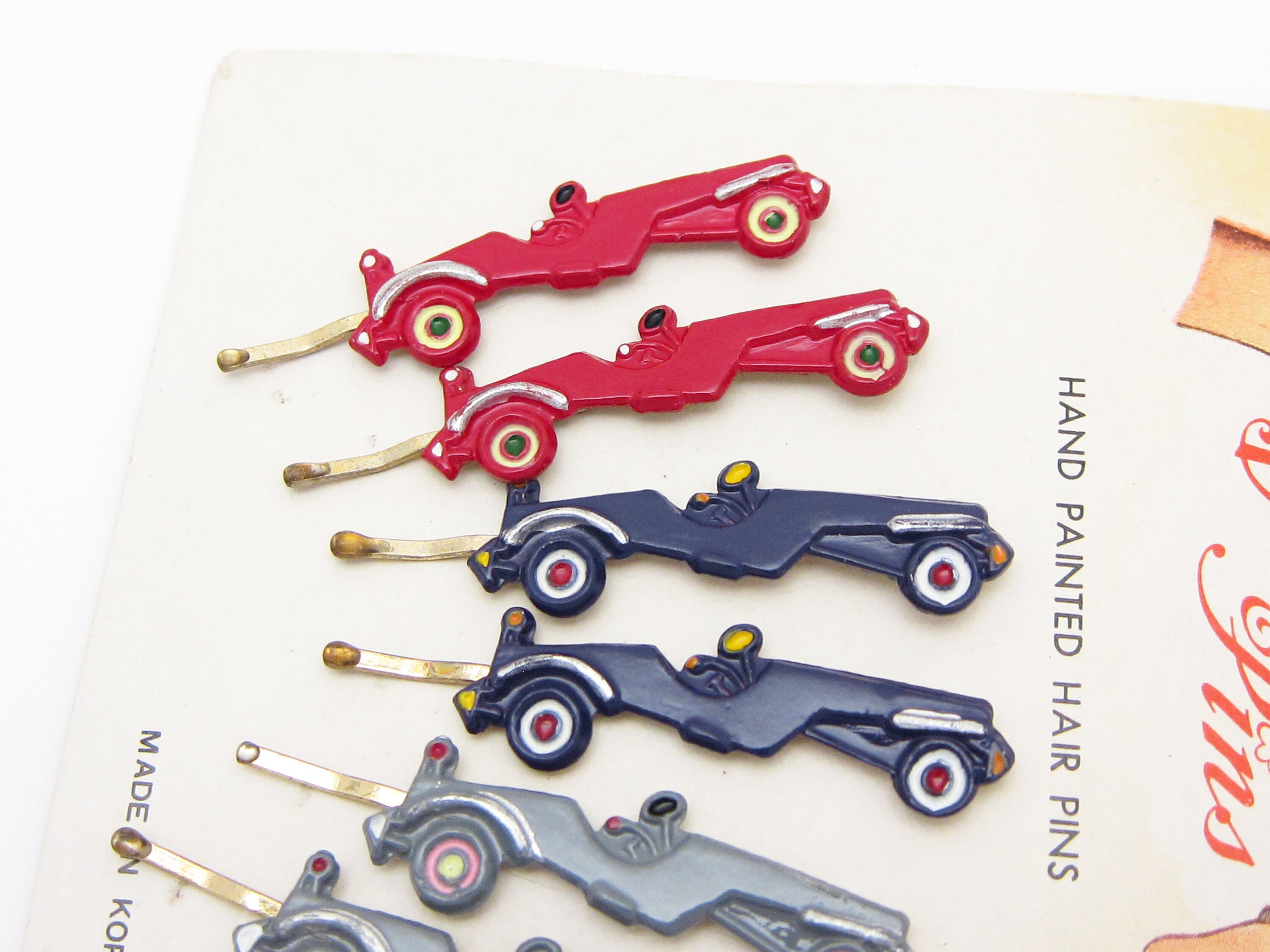 1960's Vintage Bobby Pins, Set of 6 Red/purple/grey CAR RACE Hair Pins ...