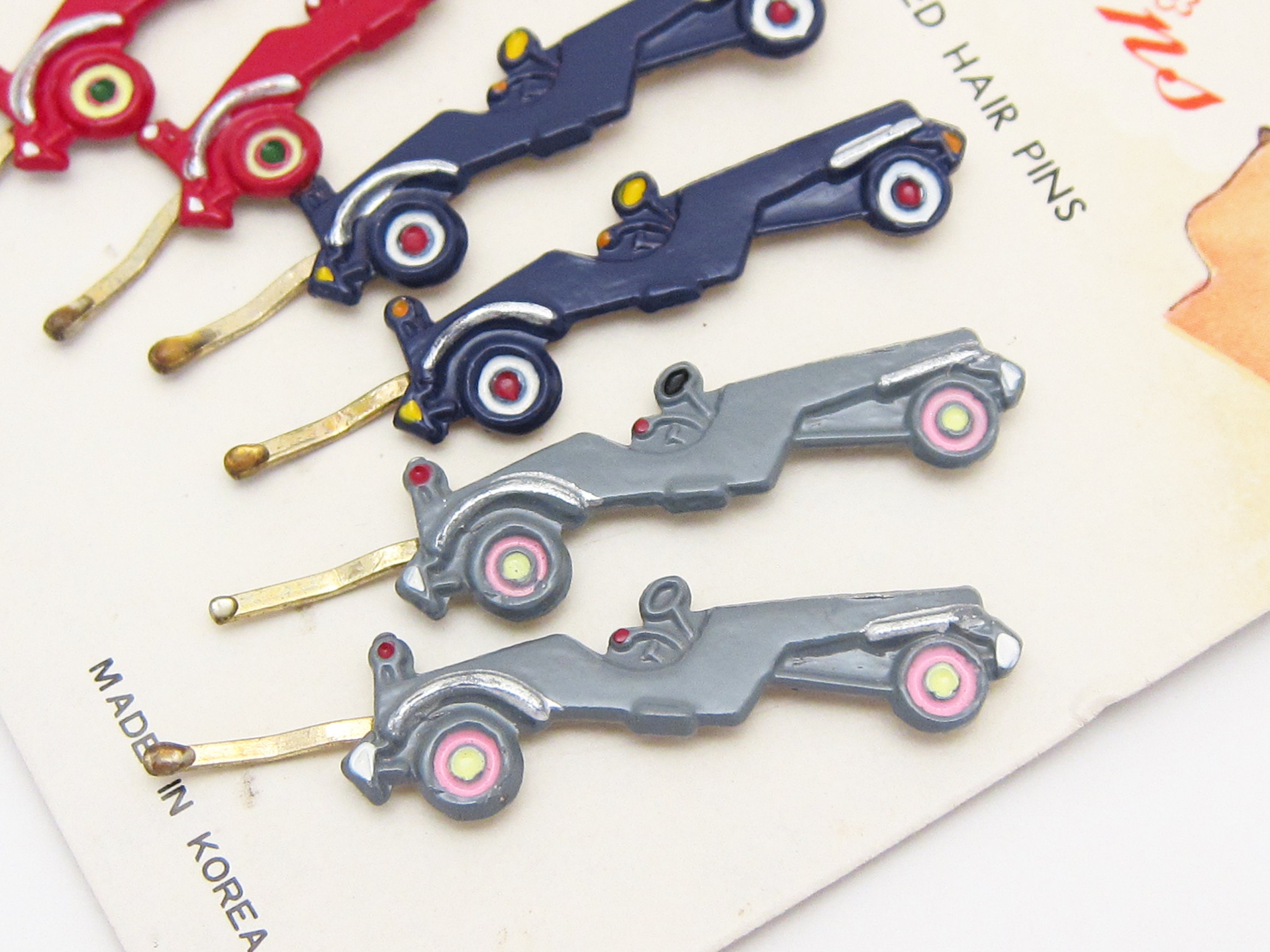 1960's Vintage Bobby Pins, Set of 6 Red/purple/grey CAR RACE Hair Pins ...