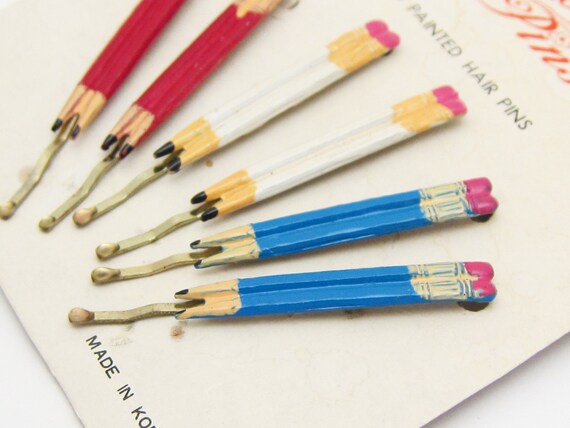 1960's vintage PENCIL bobby pins, set of 6 MUILTICOLO… - Gem