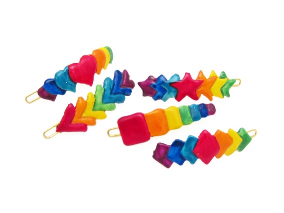 1970's vintage RAINBOW barrettes, 2" hand-painted res… - Gem