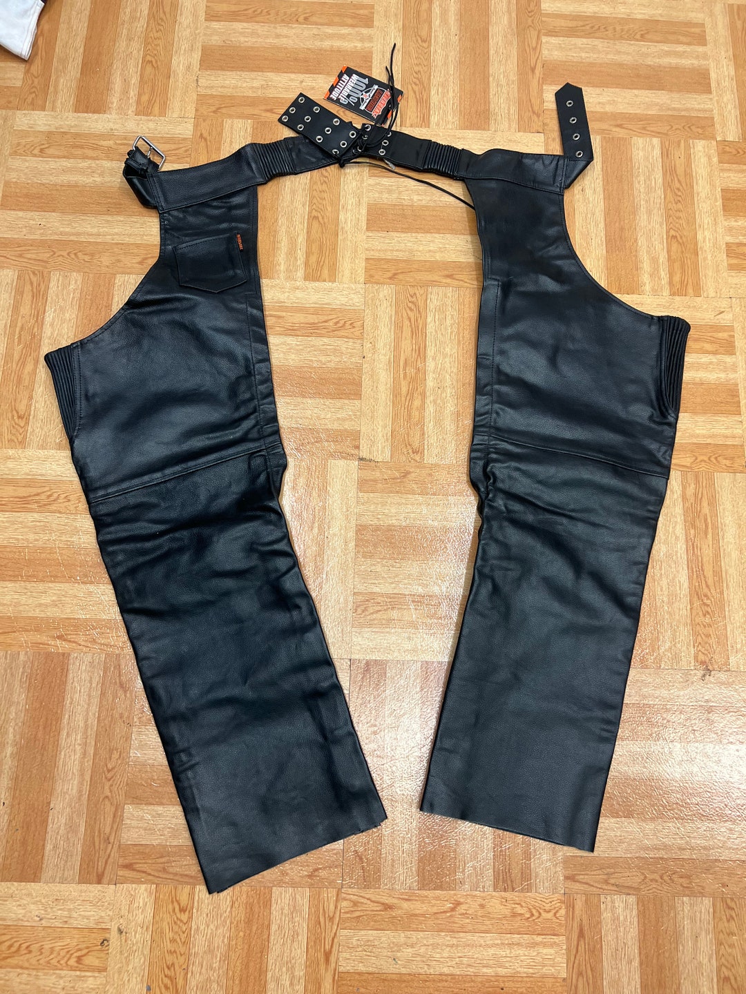 Interstate LEATHER CHAPS Black Mens XL Motorcycle Riding Pants Heavy ...