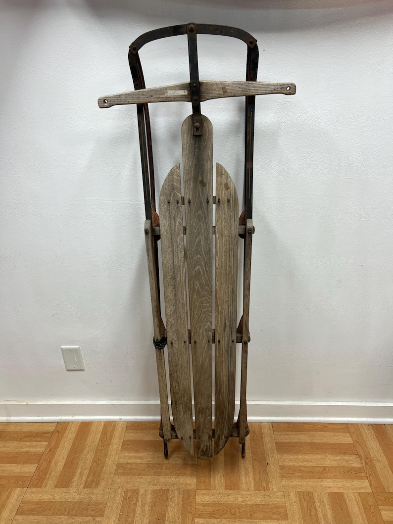 Vintage Wood Sled Metal Rail Long Wooden Wall Winter Decor Chic Shabby ...