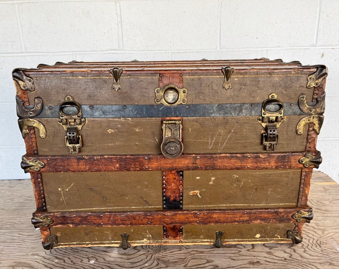 Vintage STEAMER TRUNK Storage Chest Train Luggage Brown Antique Flat ...