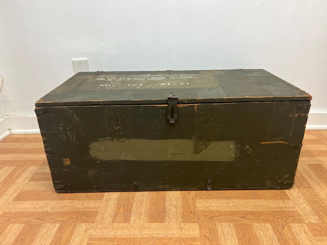 Vintage Military Foot Locker Wood Trunk Chest - Flat Top Storage Green ...
