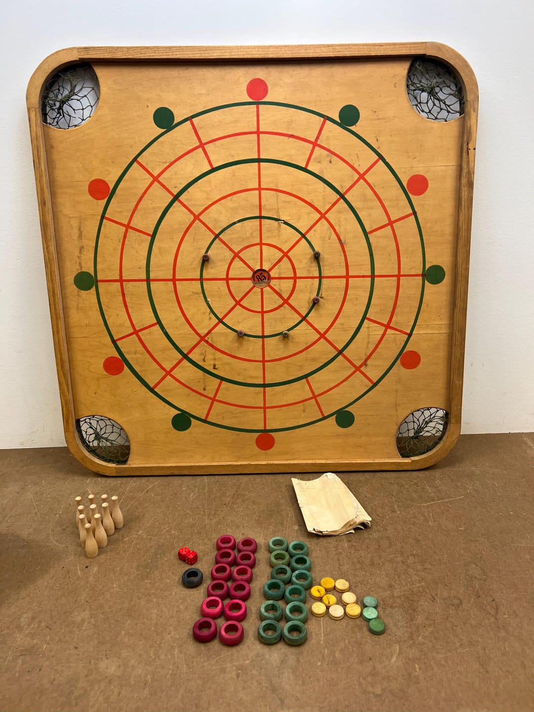Vintage CARROM GAME BOARD Model 85 W Wood Rings Skittles Lot Set Double ...