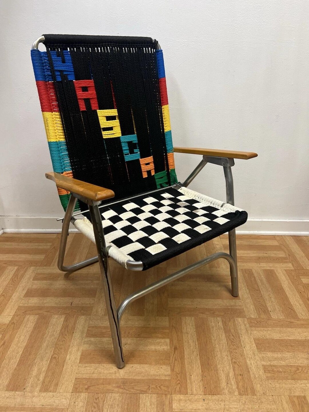 Vintage Aluminum Lawn Chair Nascar Racing Macrame Folding Multicolor ...