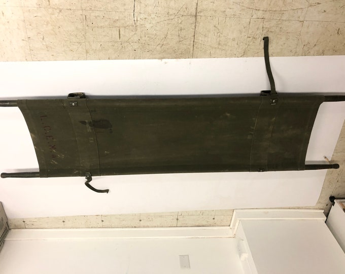 Vintage MILITARY STRETCHER GURNEY Canvas Us Army Cot Green Wood Folding ...