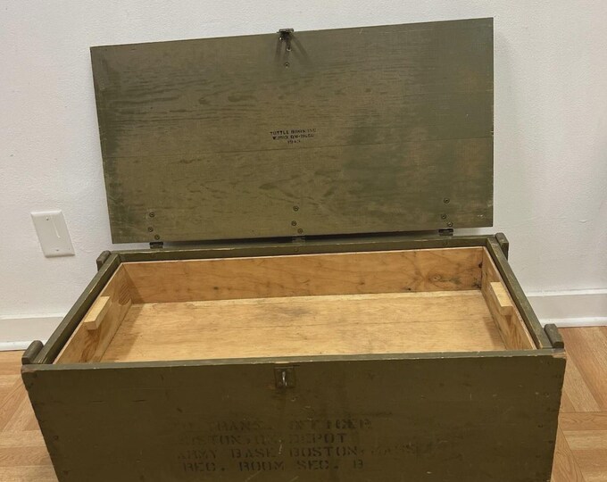 Vintage Military FOOT LOCKER W Tray Wood Trunk Chest Storage Green Box ...
