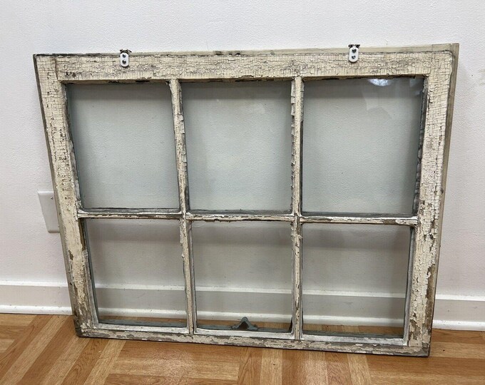 Vintage Wood Window Sash 6 Pane GLASS Picture Frame Chic White Antique ...