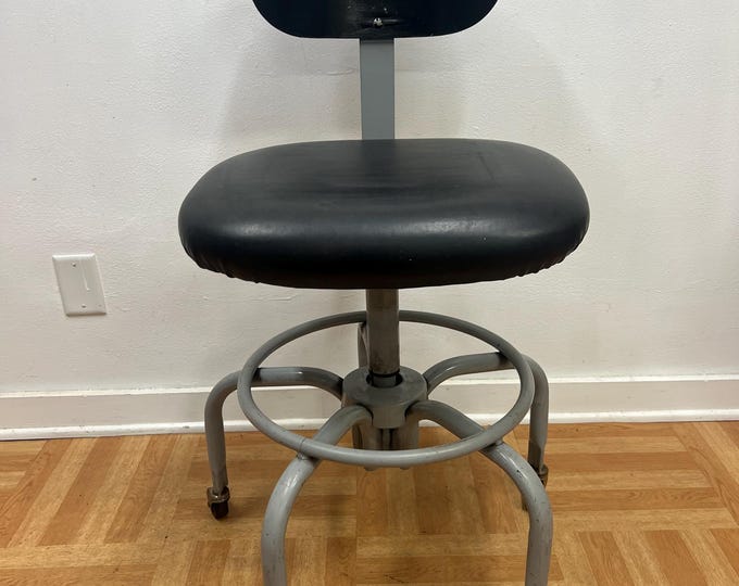 Vintage INDUSTRIAL STOOL Desk Chair Drafting Office Swivel Black Bar ...