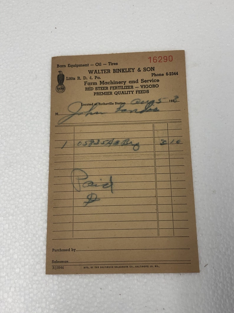 Vintage 1958 CASE TRACTOR RECEIPT Invoice Advertising Lititz - Etsy