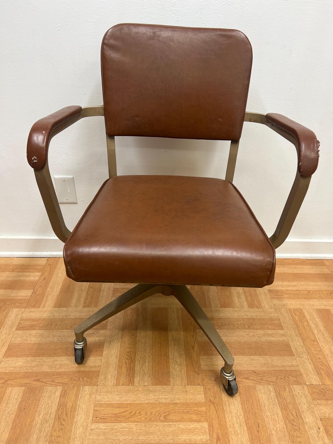 Vintage Industrial Office Swivel Chair - Mid Century Steel Arm Brown ...
