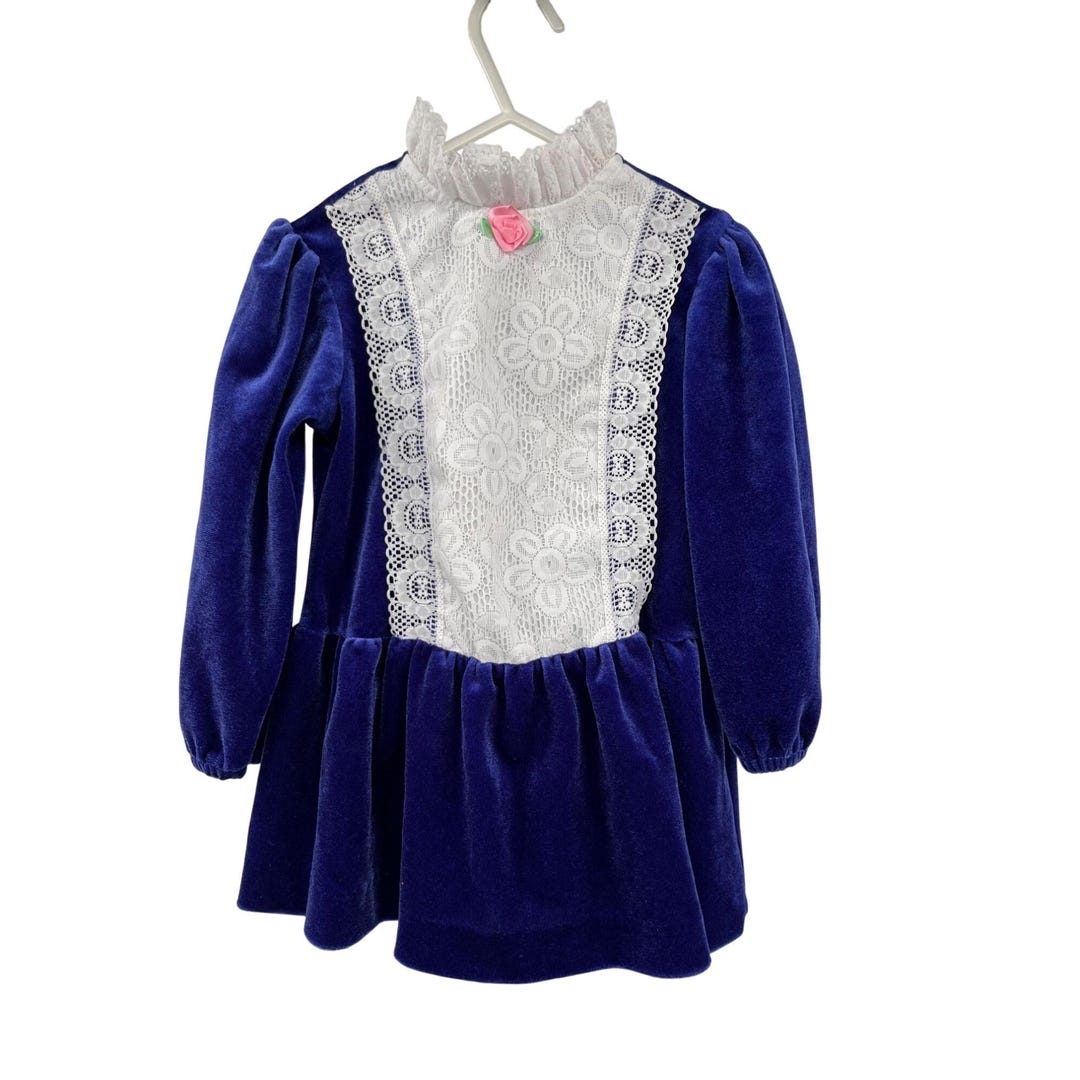 Vintage Toddler Girls 4T Blue Velvet Lace Dress Long Sleeve Party ...
