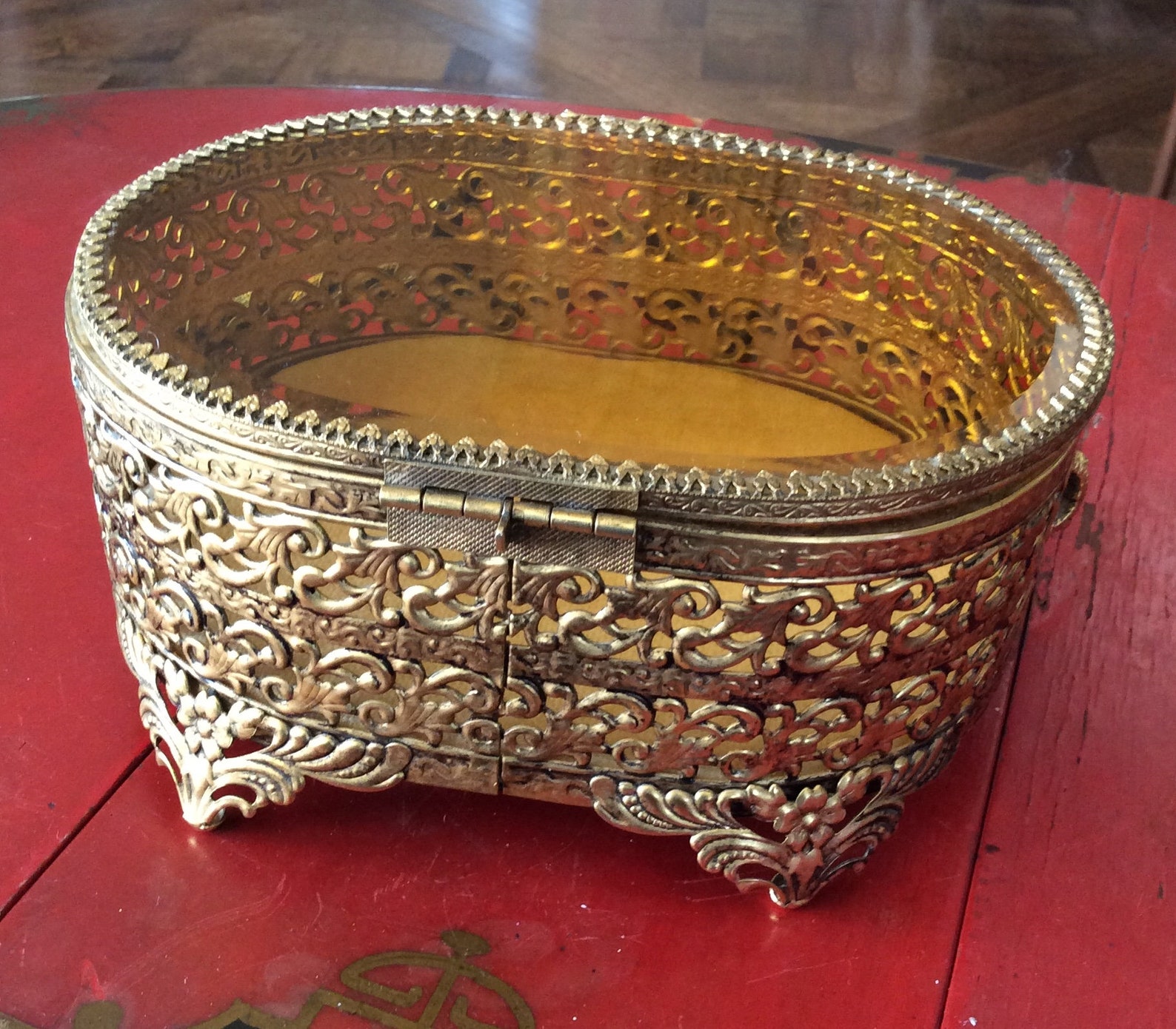 Oval Vanity Jewelry Box With Gilt Metal Rope & Tassel, Floral Pierced ...
