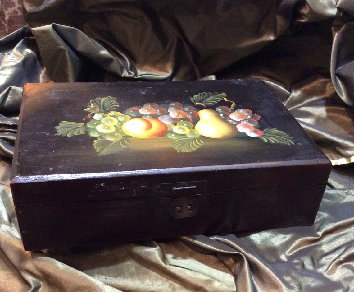 Vintage Hand Painted Wood Jewelry Box With Upholstered - Etsy