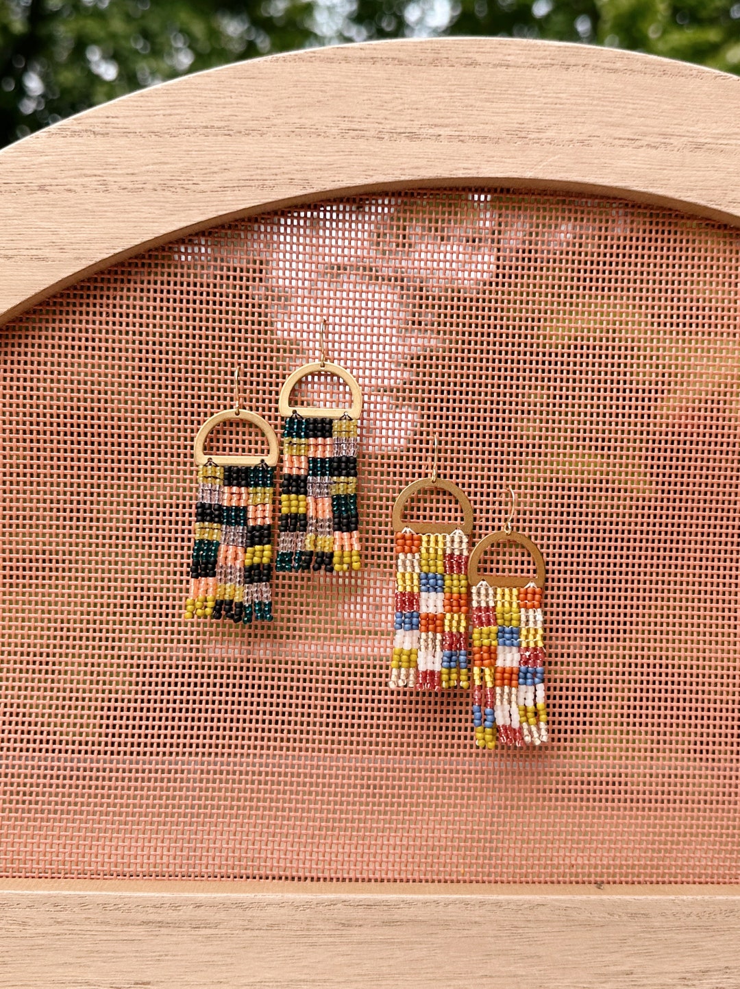 Brass Arch Checkered Beaded Dangles - Etsy