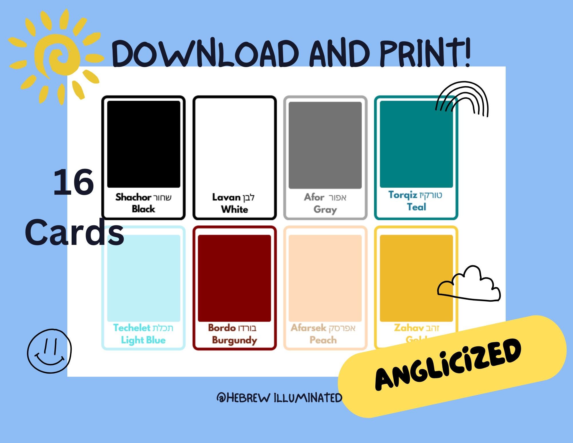 Colors Hebrew Flash Cards Digital File - Etsy