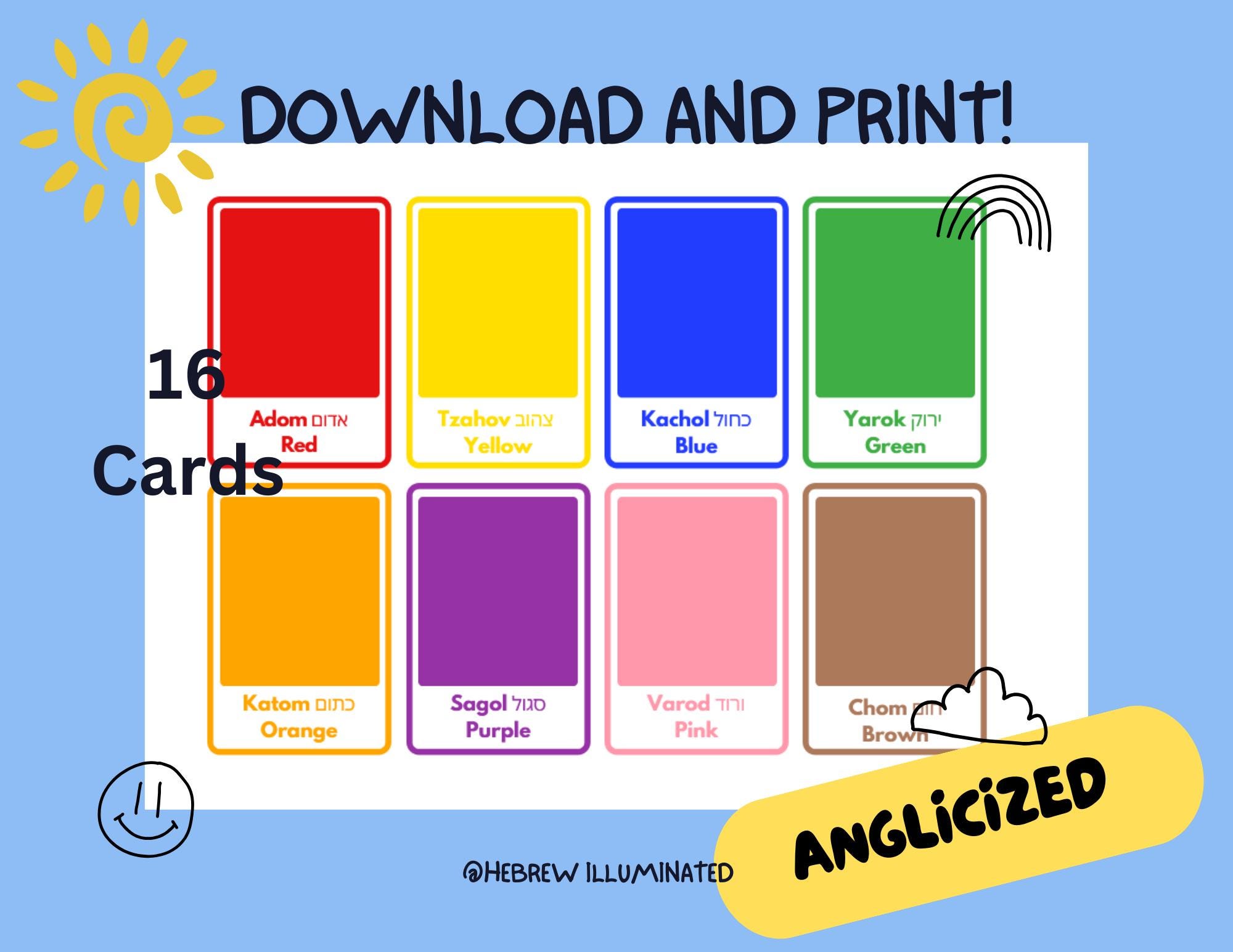 Colors Hebrew Flash Cards Digital File - Etsy