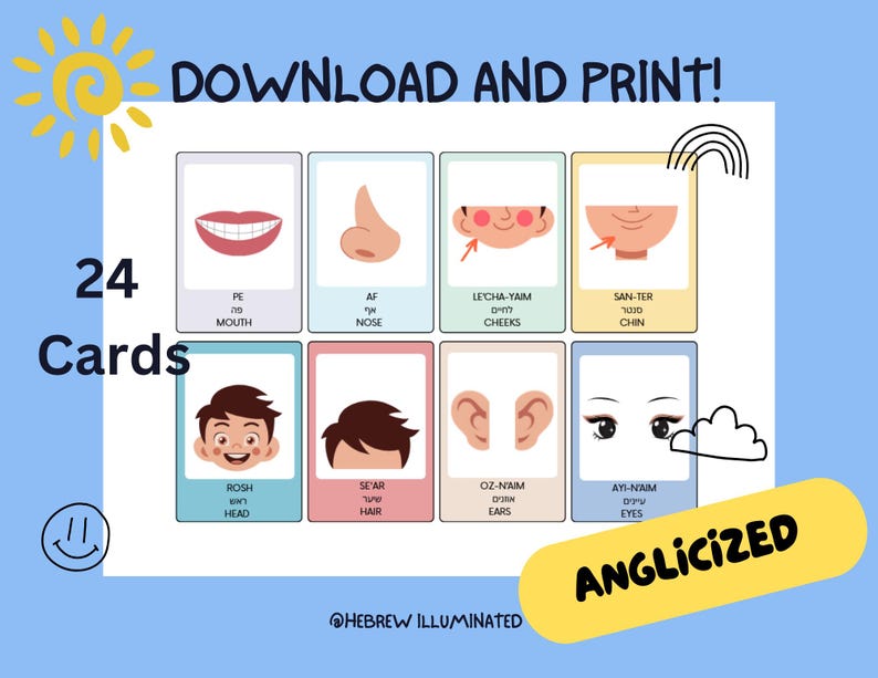 Body Parts- Hebrew Flash Cards- Digital File - Etsy