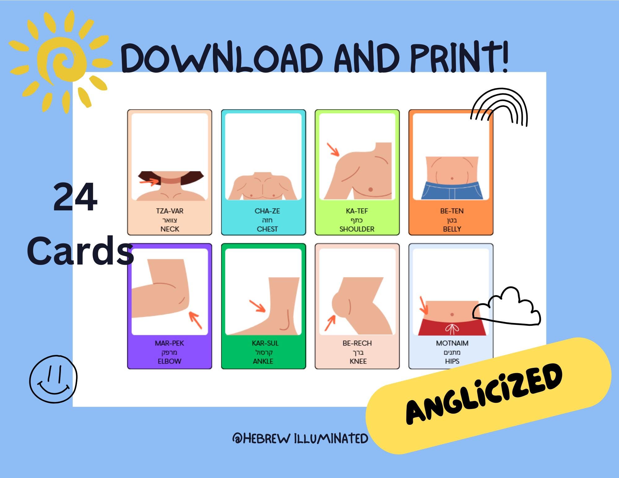 Body Parts- Hebrew Flash Cards- Digital File - Etsy